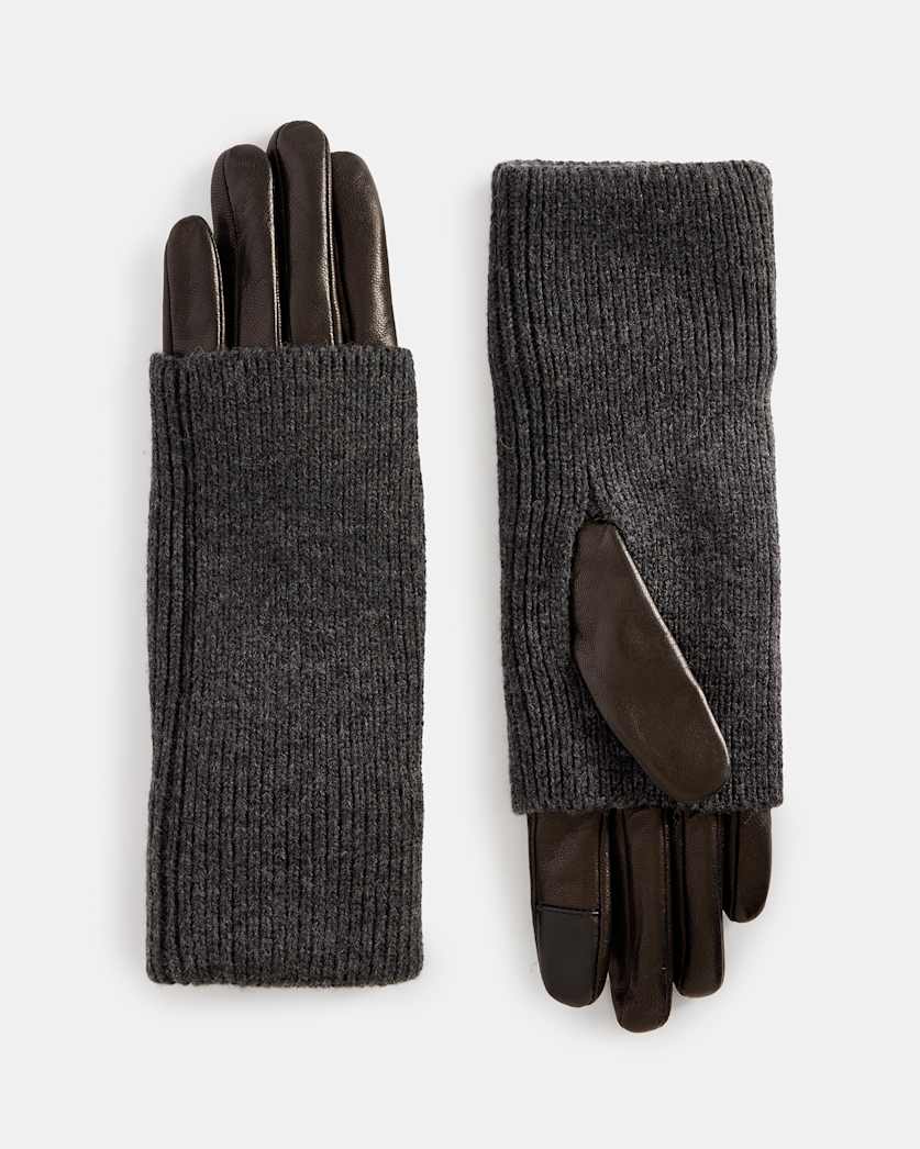 Zoya Knitted Cuff Leather Gloves Charcoal Grey | ALLSAINTS